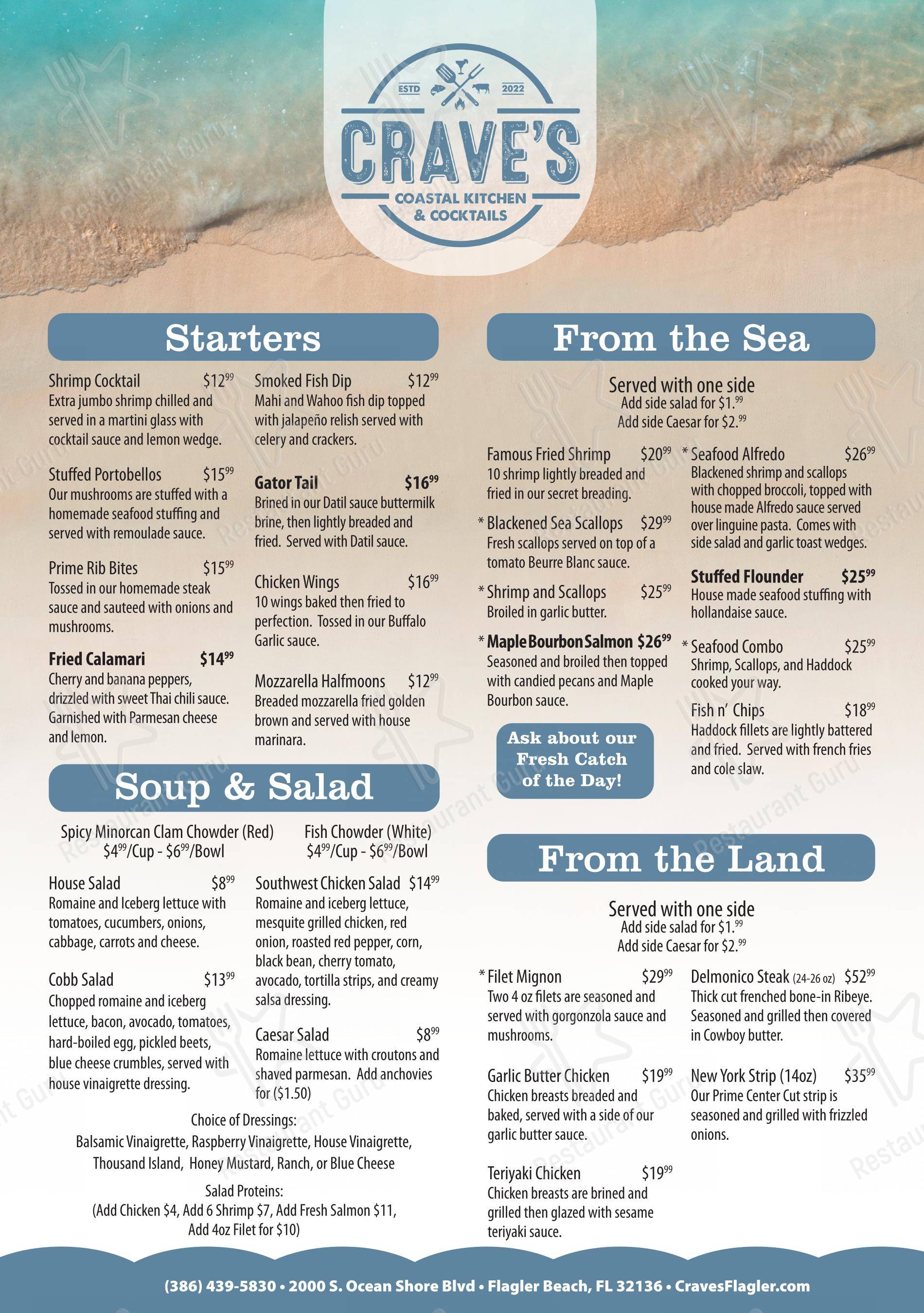 Menu at Crave's Coastal Kitchen & Cocktails pub & bar, Flagler Beach