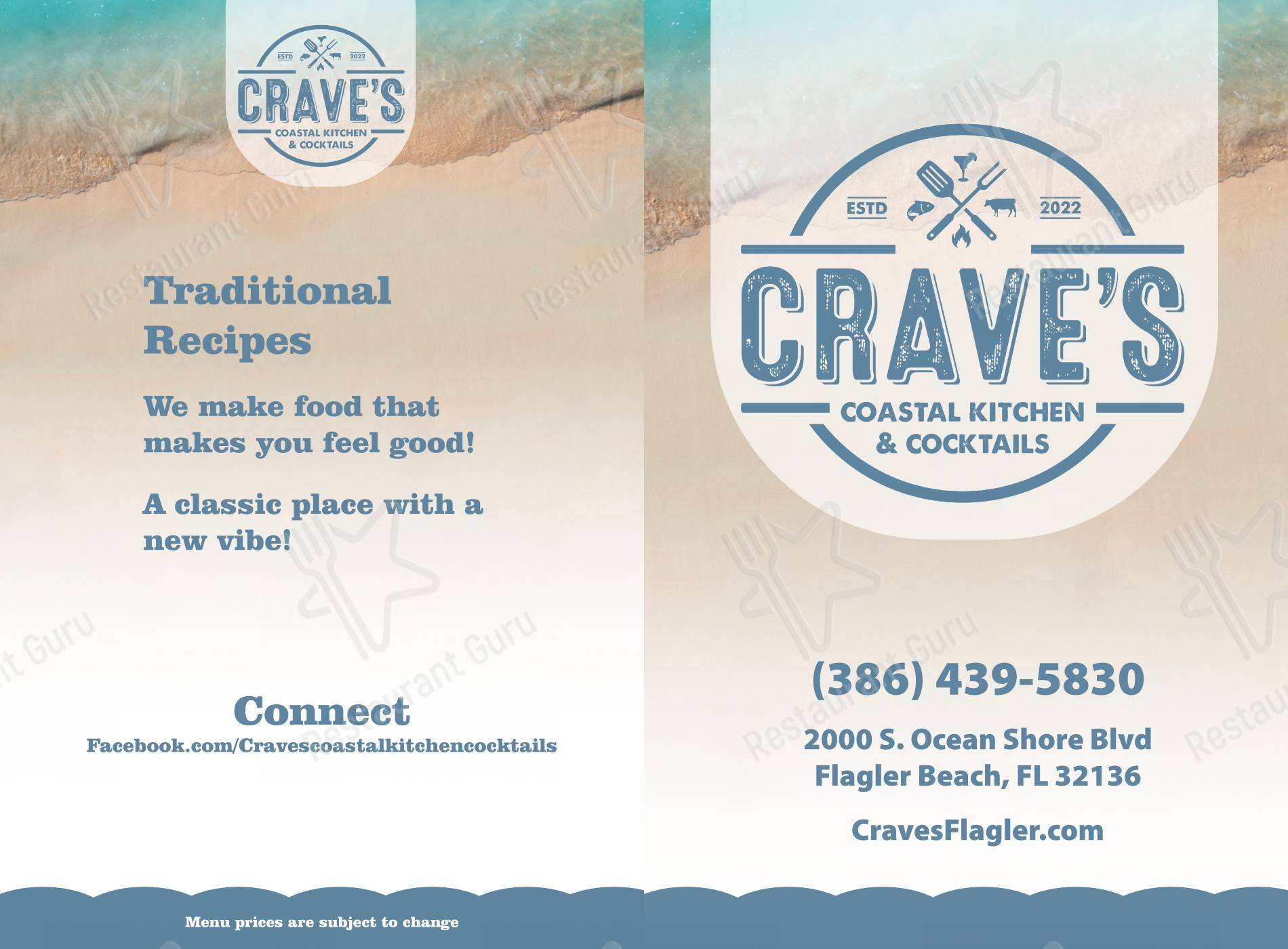 Menu at Crave's Coastal Kitchen & Cocktails pub & bar, Flagler Beach