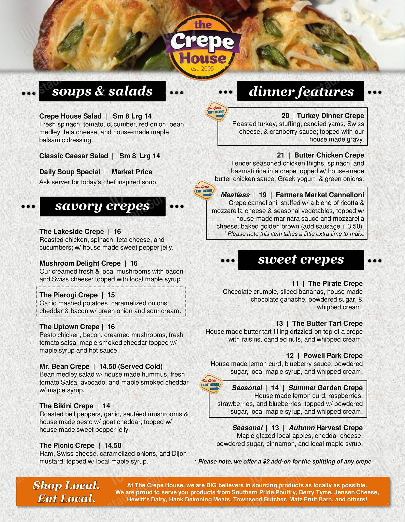 Menu at The Crepe House cafe, Port Dover