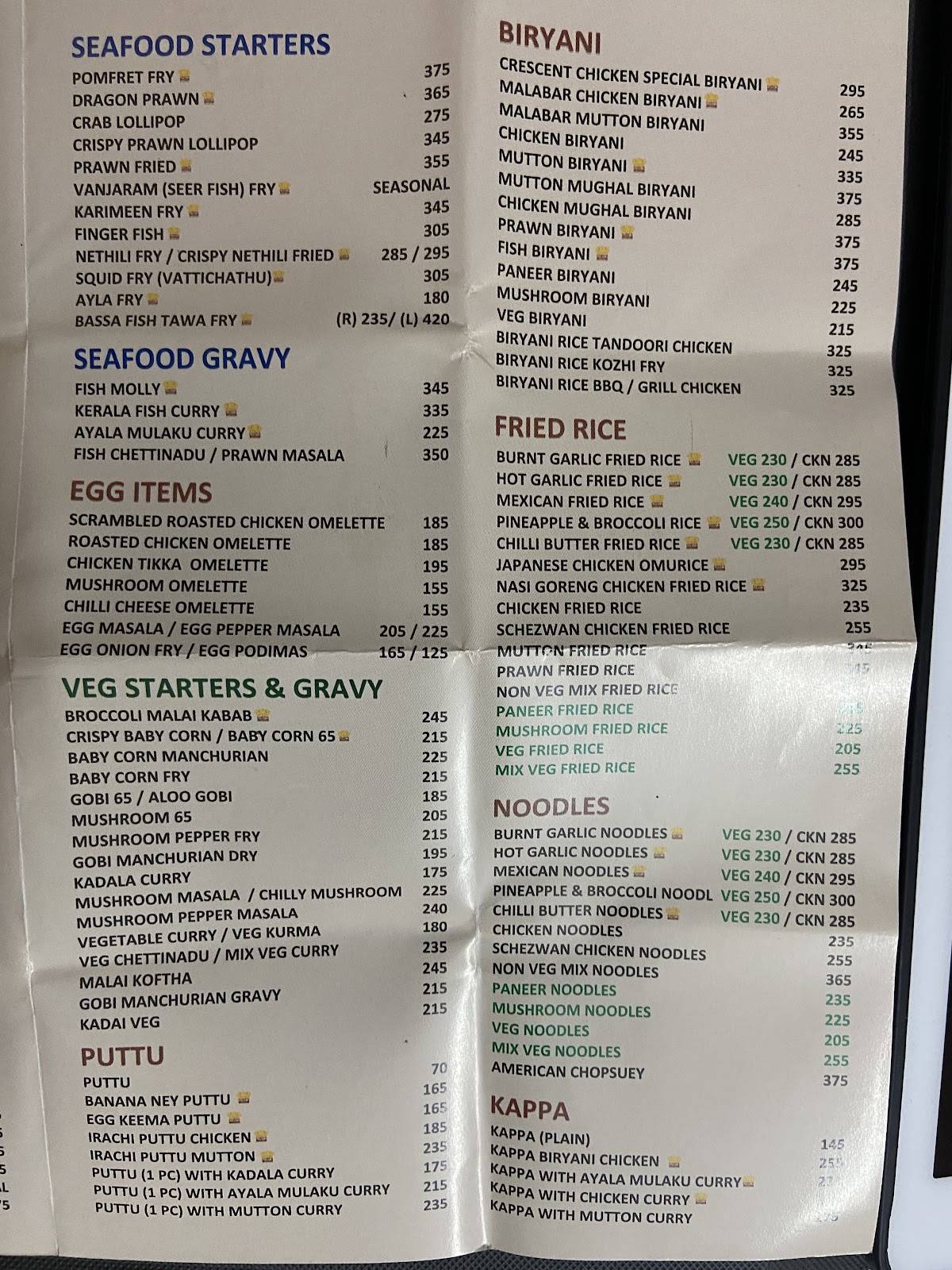Menu at Crescent Restaurant, Taramani, Chennai