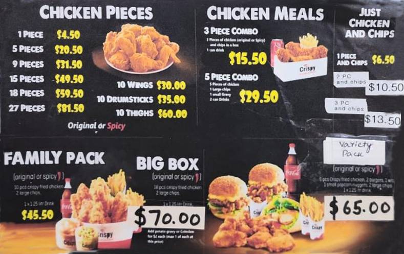 Menu at Crispy Fried Chicken restaurant, Underwood