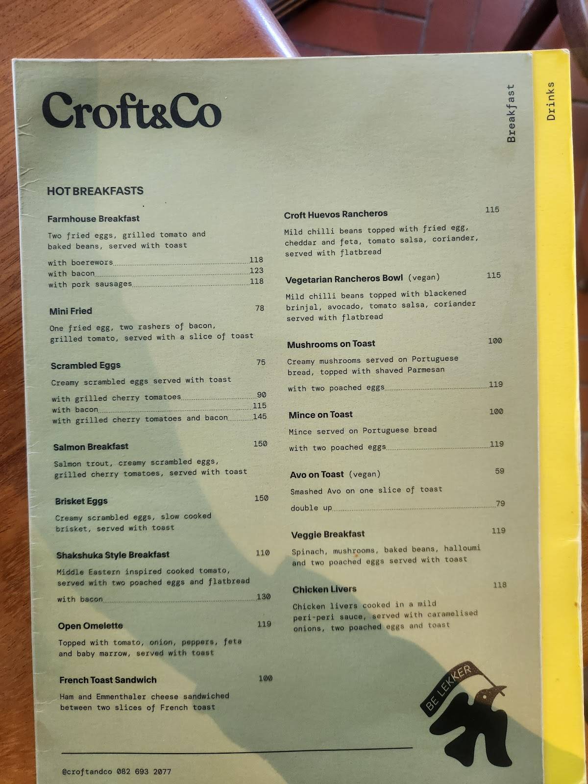 Menu at Croft & co restaurant, Randburg