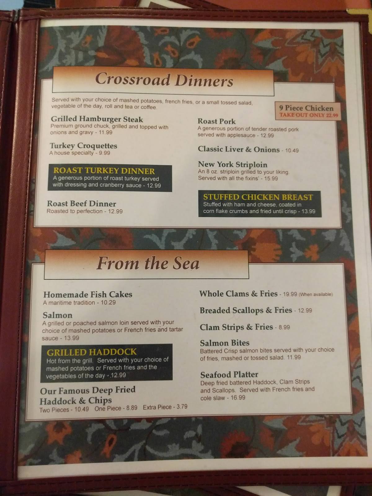 Menu at Crossroads Restaurant, Windsor, Nova Scotia Trunk 1