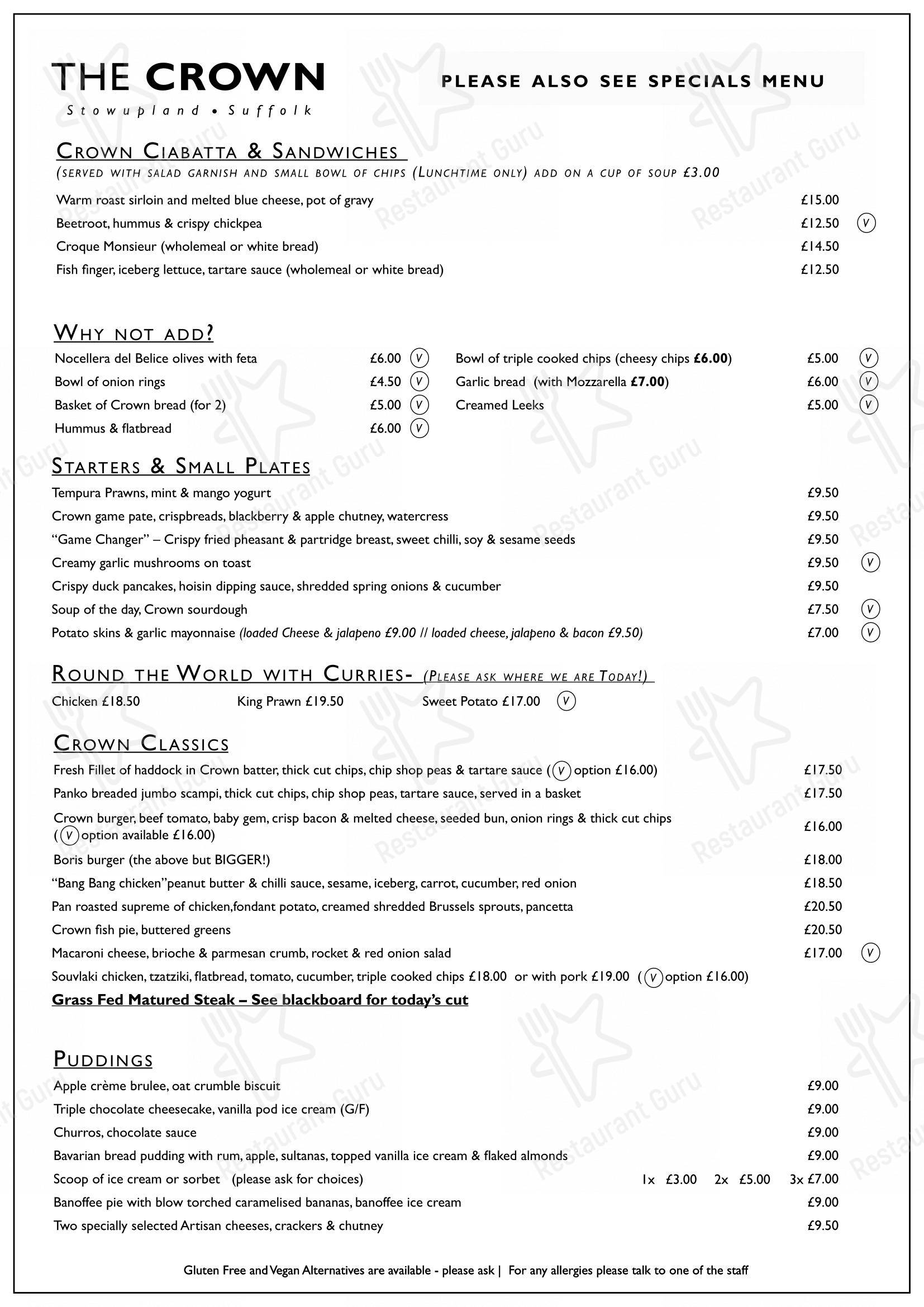 Menu at Crown at Stowupland pub & bar, Stowmarket, Church Rd