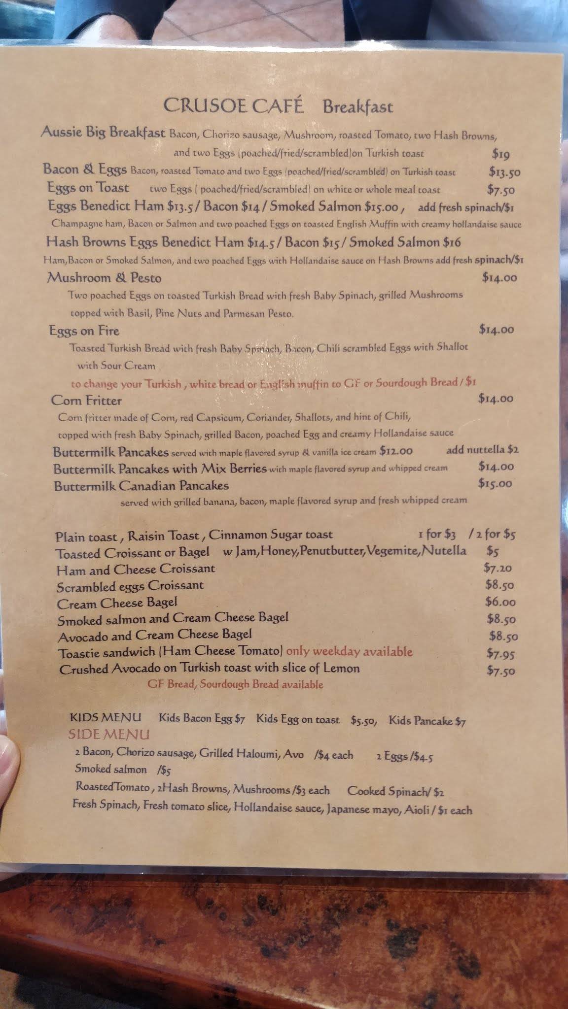 Menu at Crusoe Cafe, Cleveland