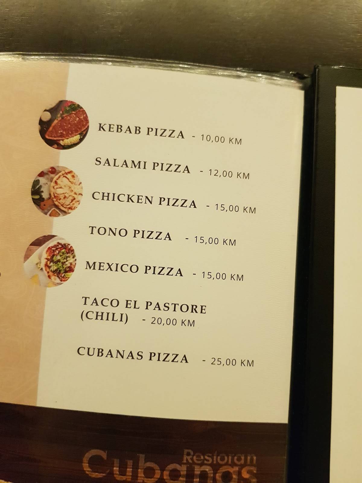 Menu at Cubanas Restoran restaurant, Maoča