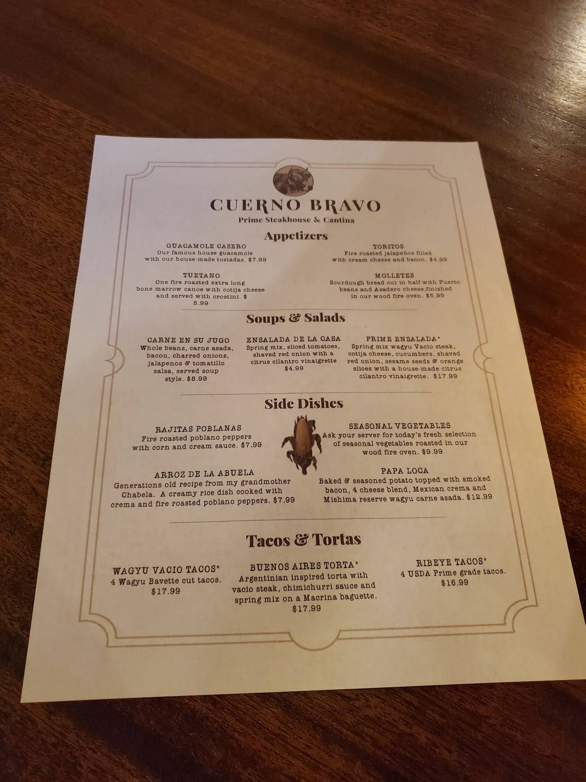 Menu at Cuerno Bravo Steakhouse, Tacoma