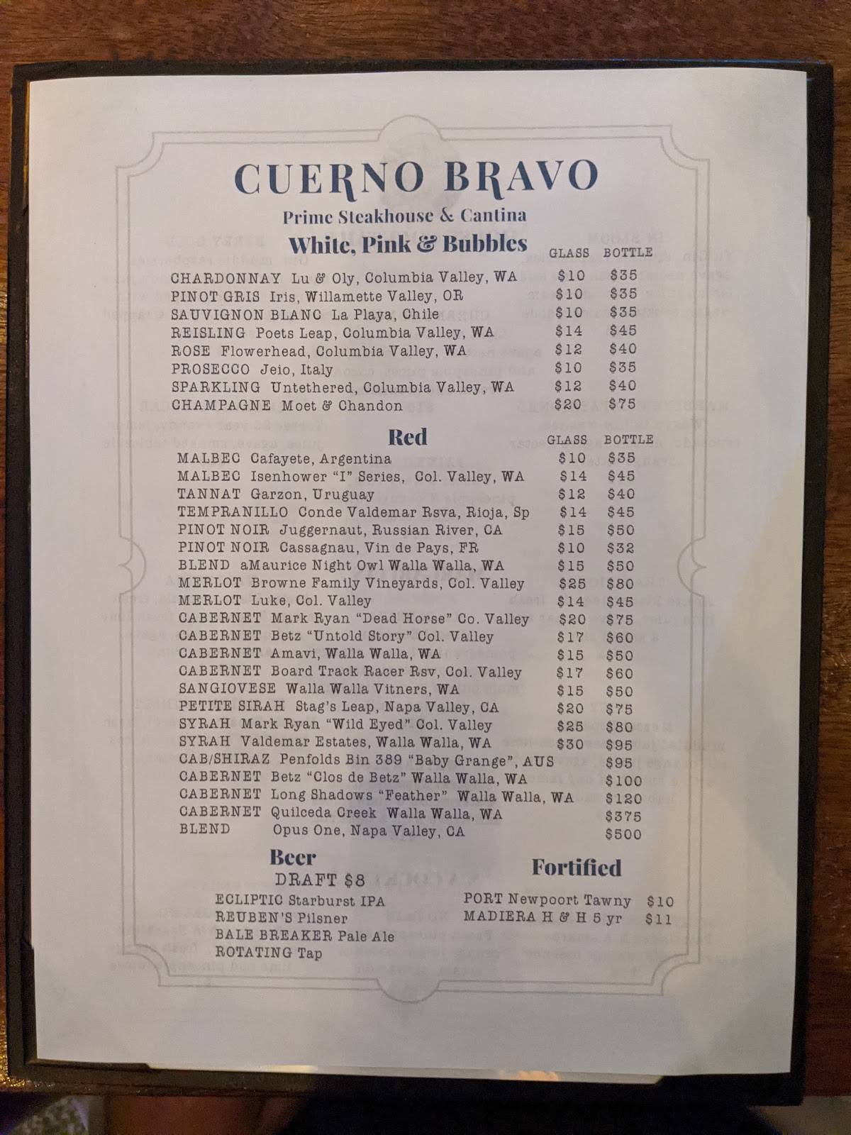Menu at Cuerno Bravo Steakhouse, Tacoma