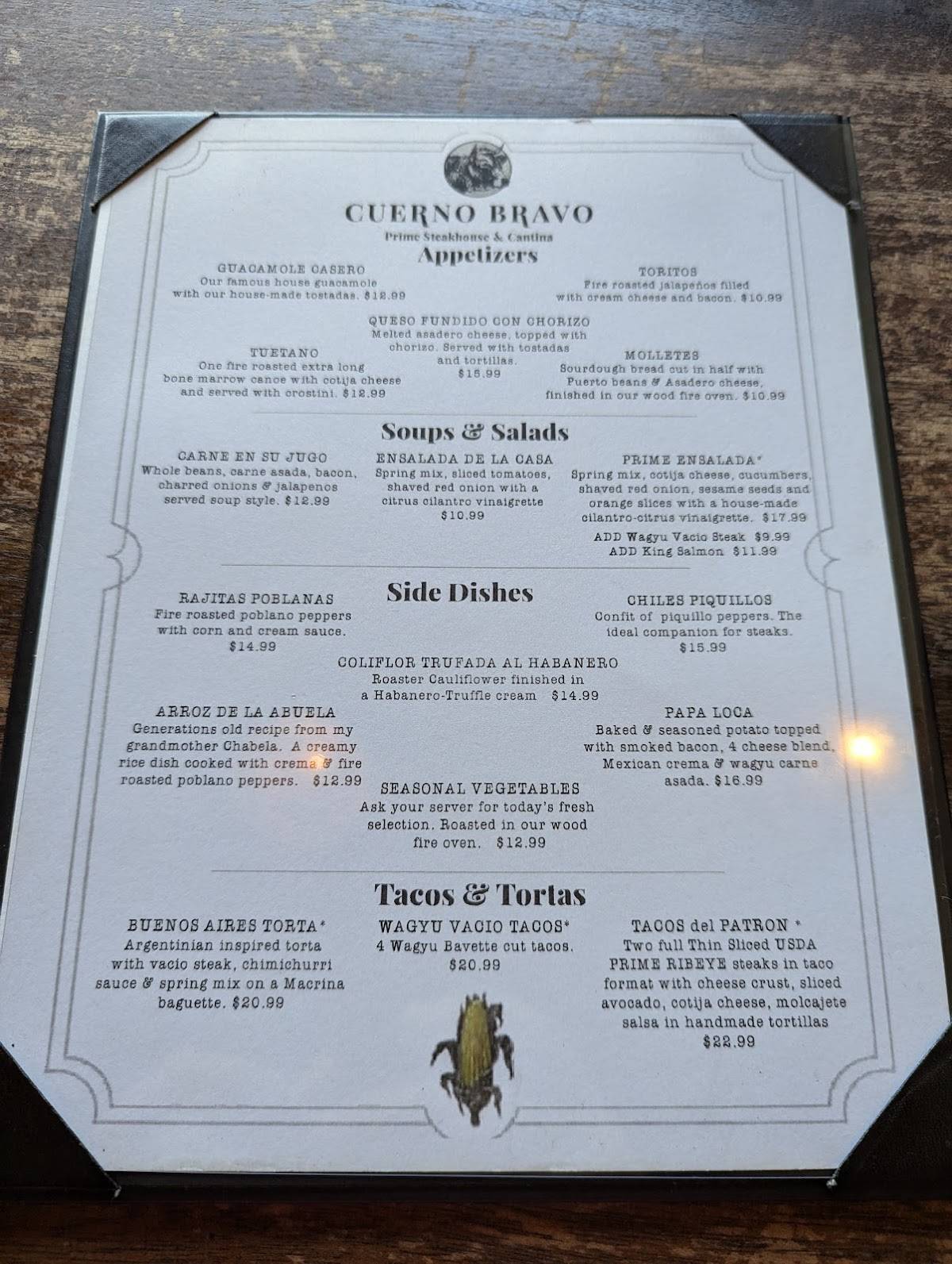 Menu at Cuerno Bravo Steakhouse, Tacoma