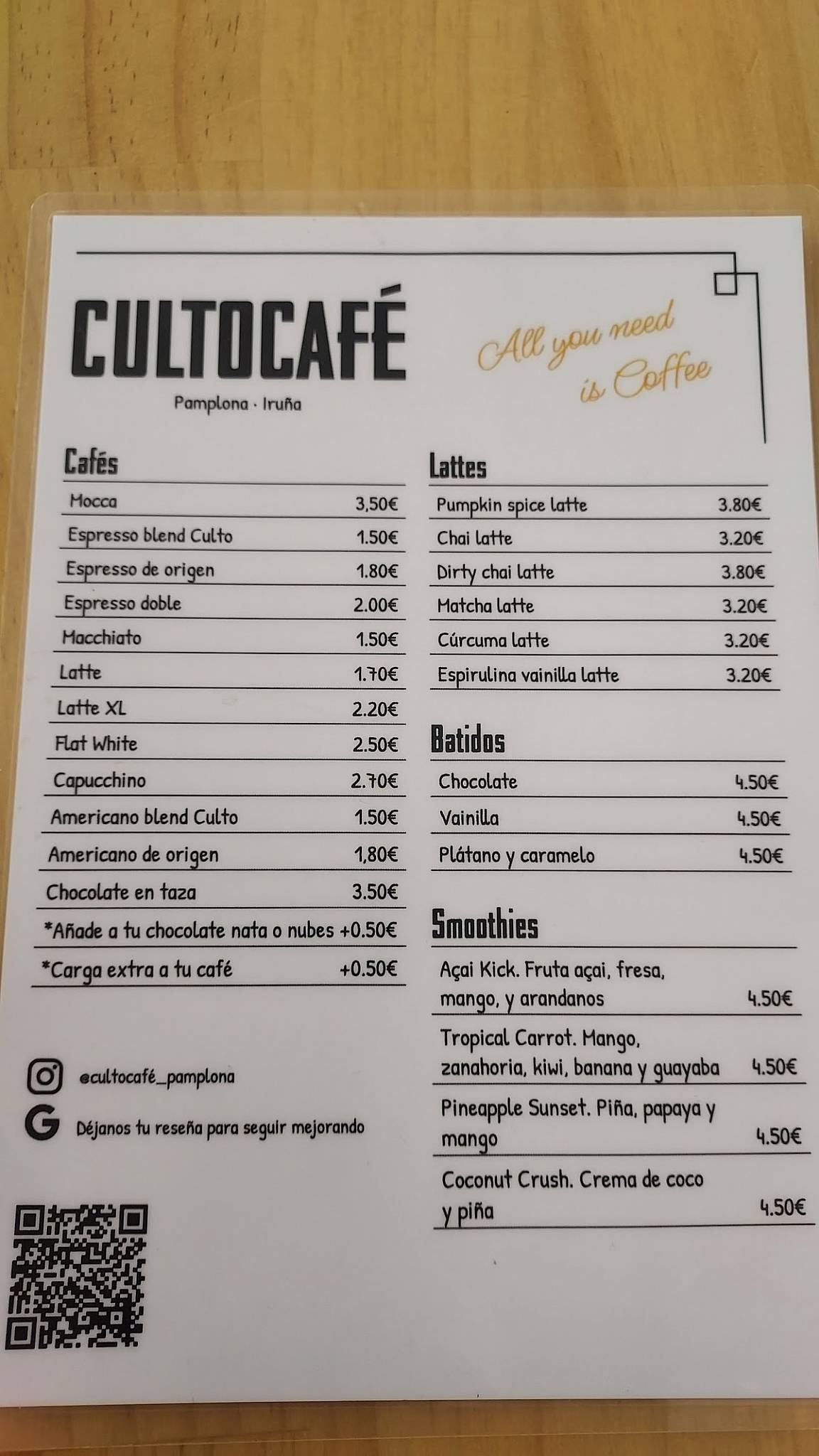 Carta de Culto Café, Pamplona