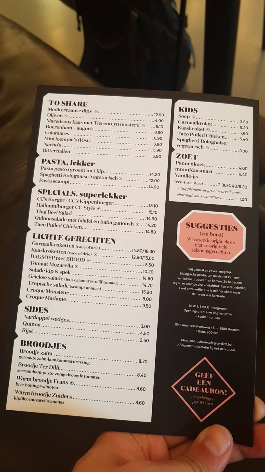 Menu au Cultuurcafé Bornem, Bornem