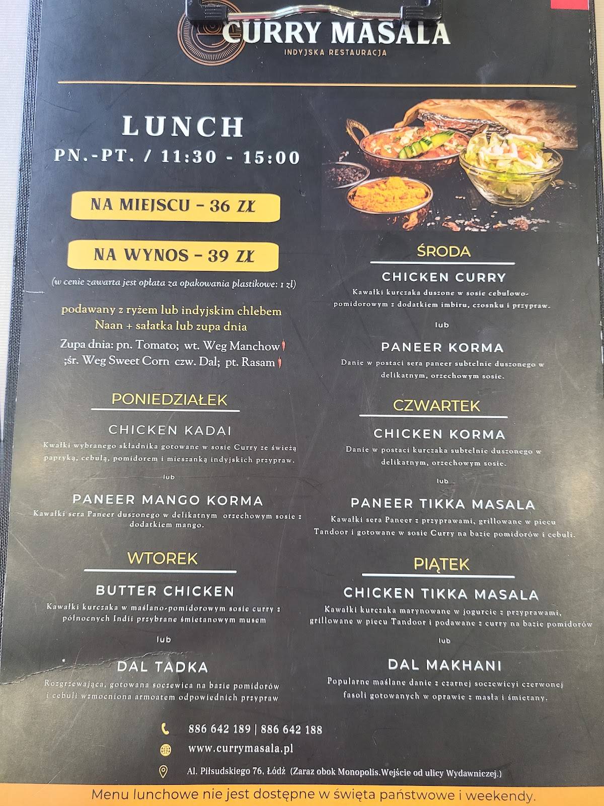 Menu at Curry Masala restaurant, Łódź