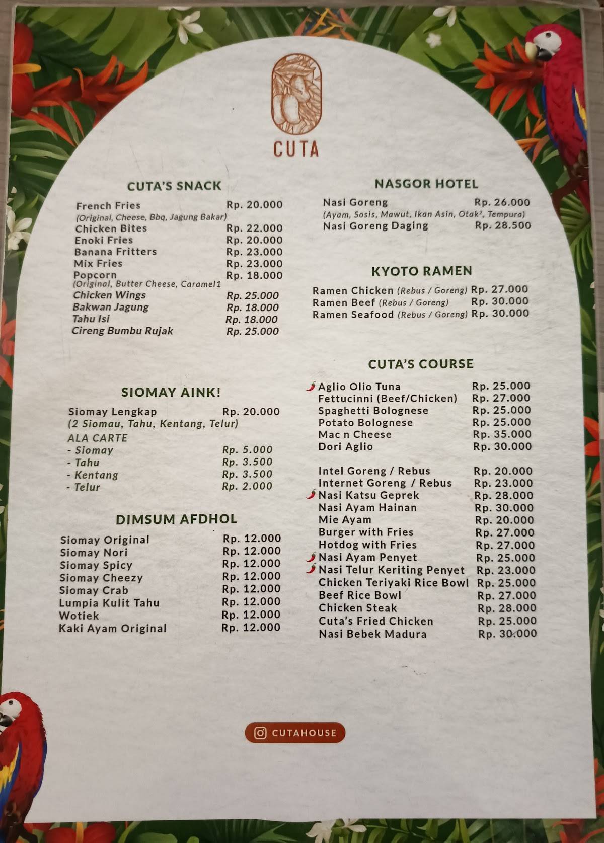 Carta del restaurante Cuta House, Surabaya