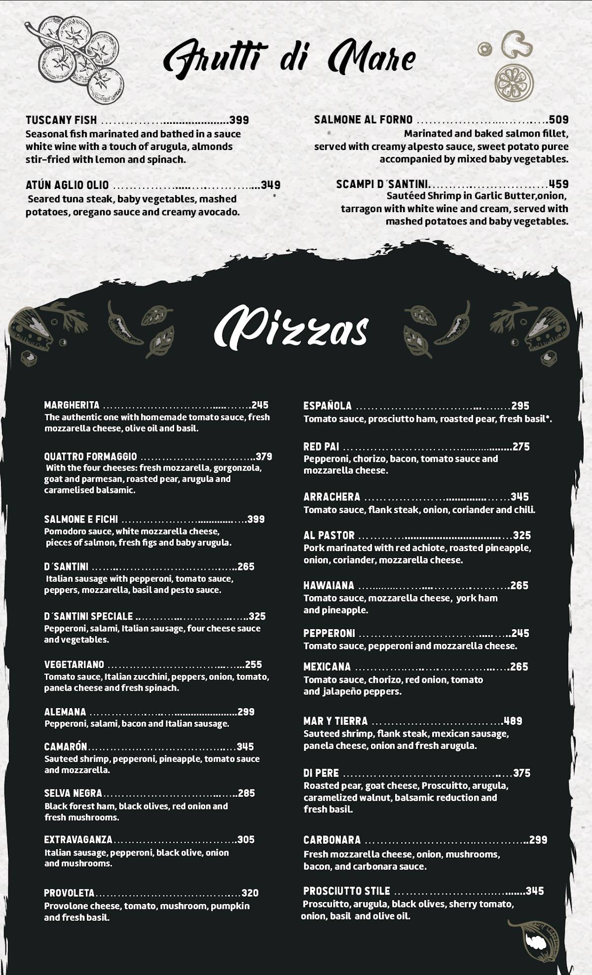 Menu at D' Santini pizzeria, Puerto Vallarta