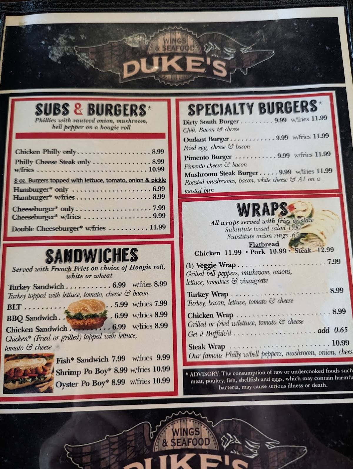 Menu at DUKE'S restaurant, Calhoun