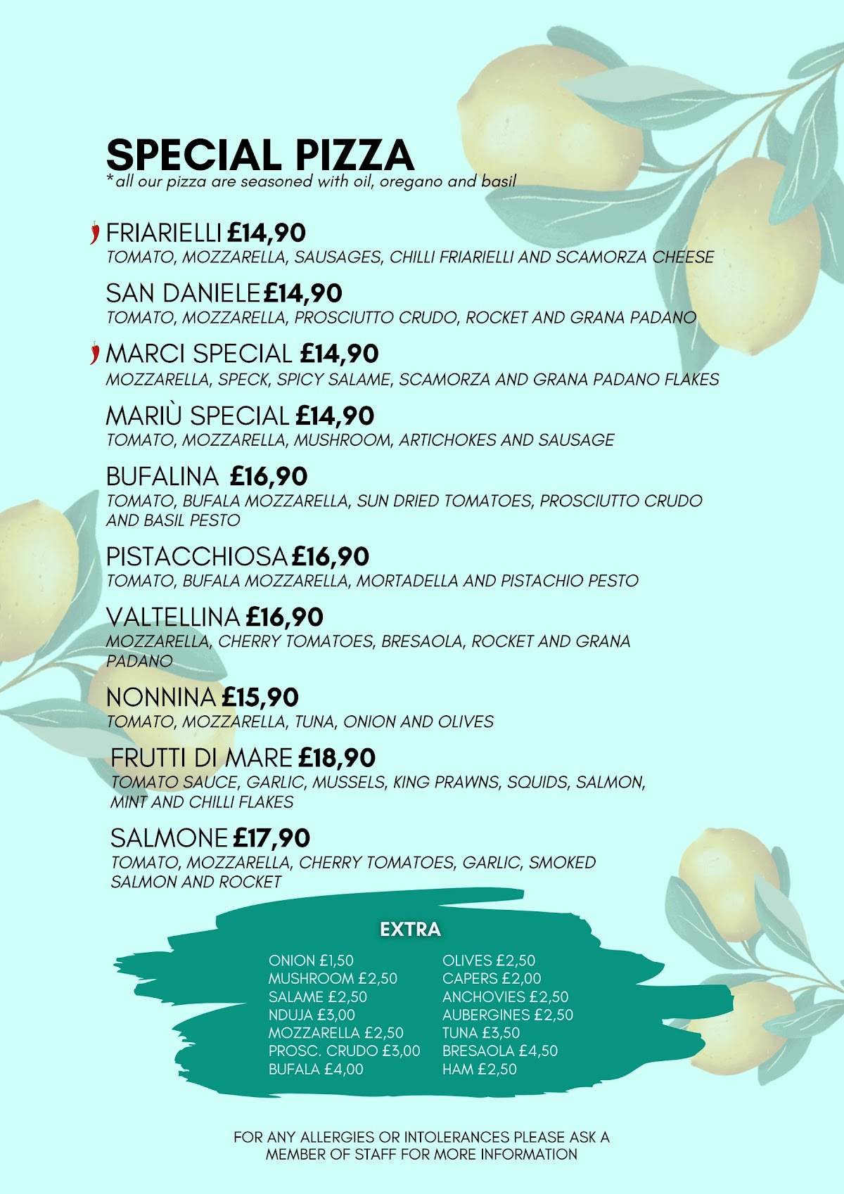 Menu at Da Mariù restaurant, Basingstoke