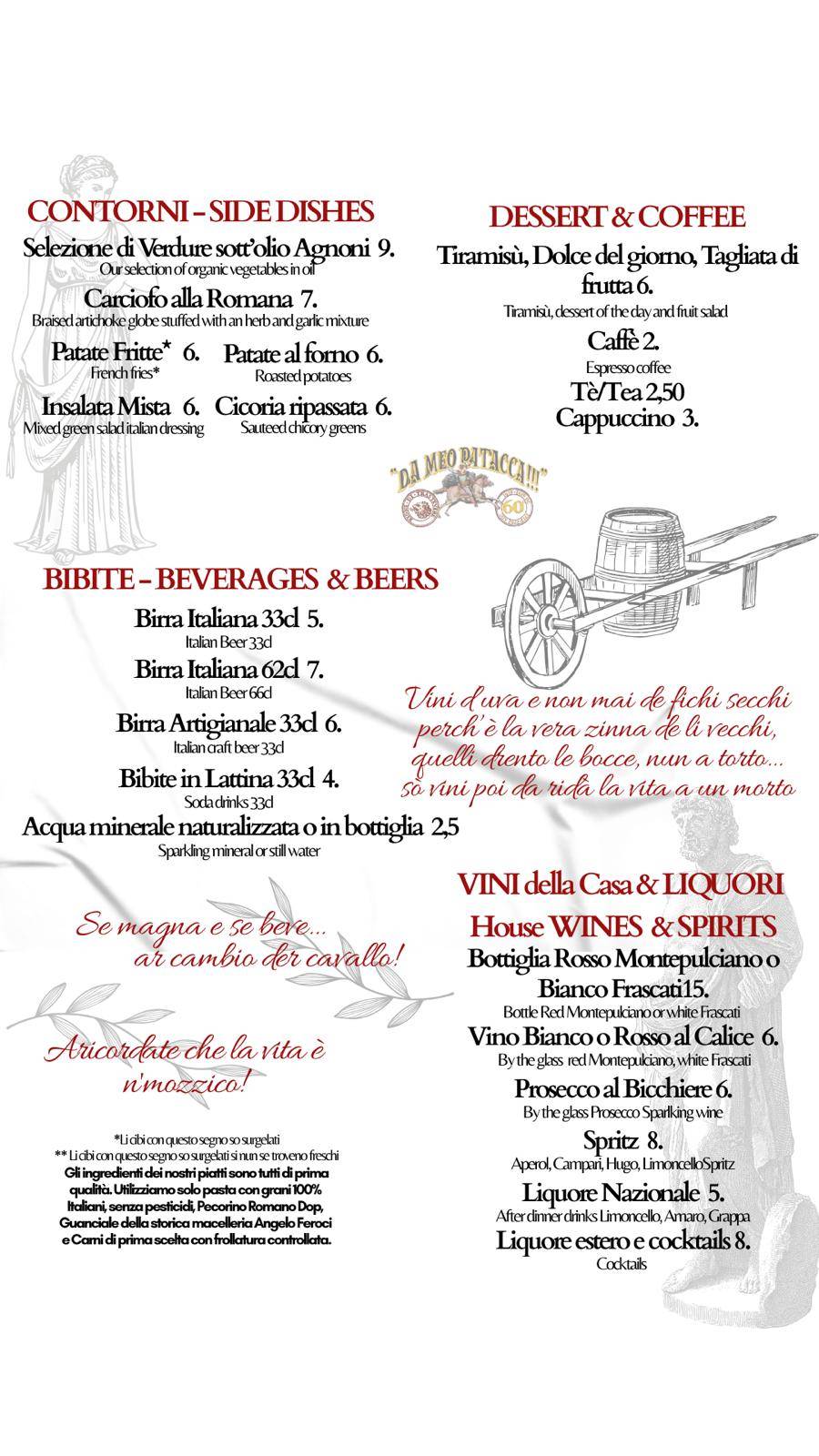 Menu at Da Meo Patacca restaurant, Rome