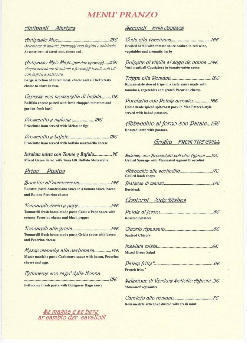 Menu at Da Meo Patacca restaurant, Rome