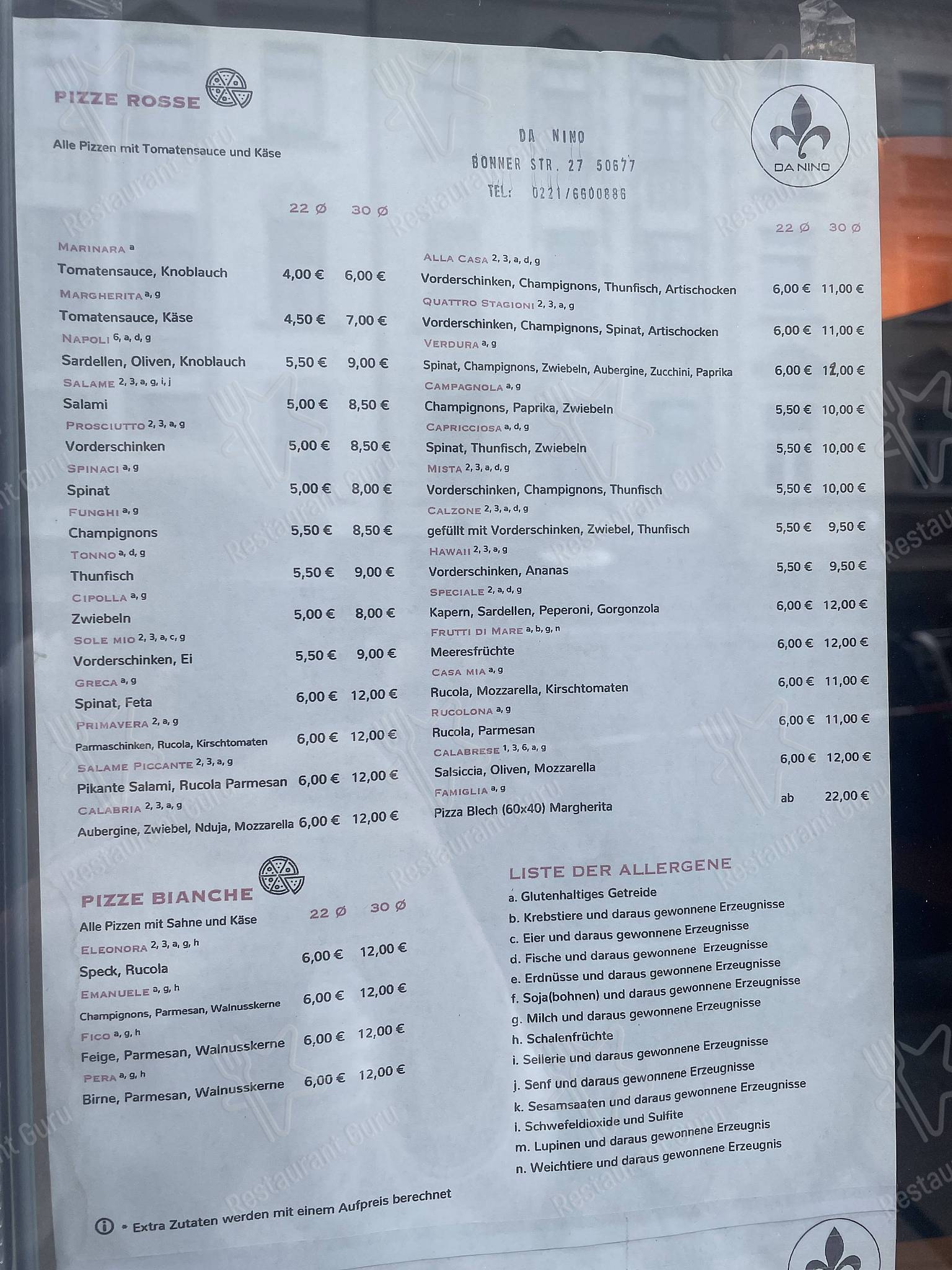 Speisekarte von DA NINO pizza, Köln