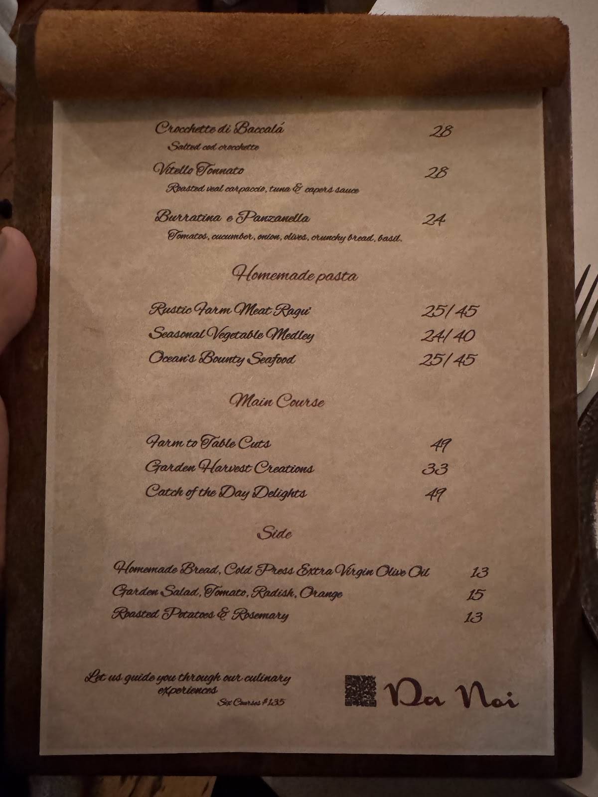 Menu at Da Noi restaurant, South Yarra