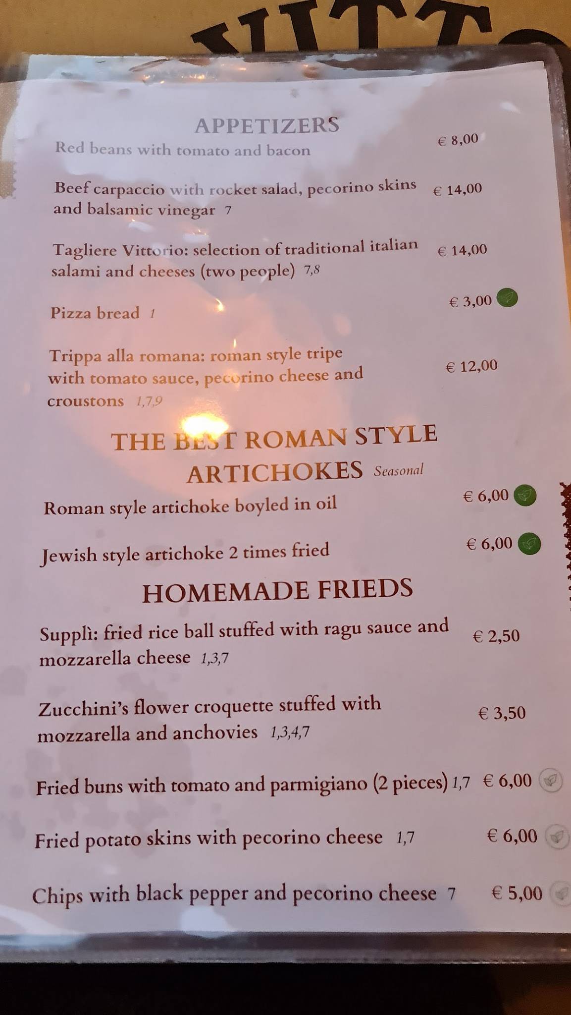 Menu at Da Vittorio a Trastevere pizzeria, Rome