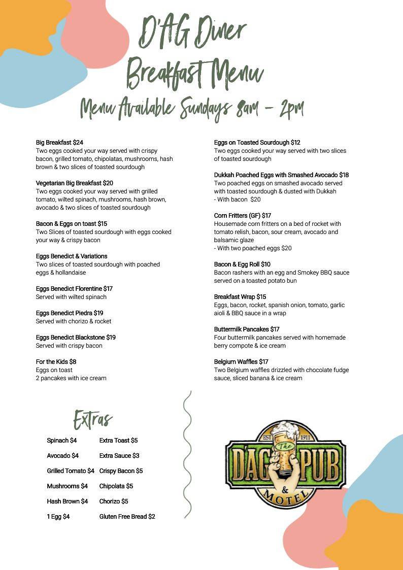 Menu at Dag Pub & Motel, D'Aguilar