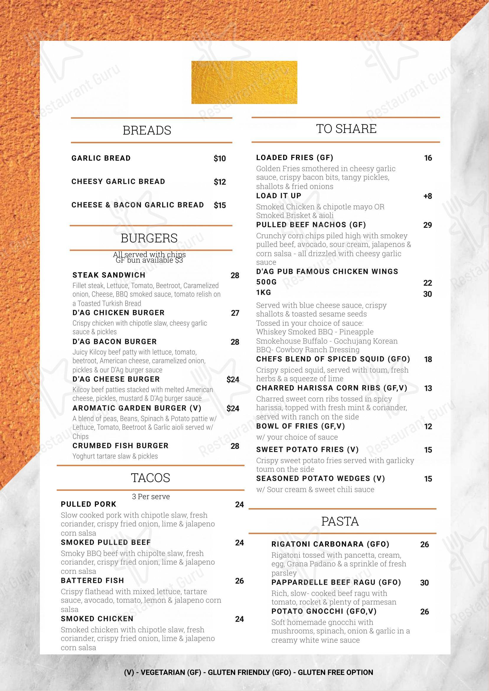 Menu at Dag Pub & Motel, D'Aguilar