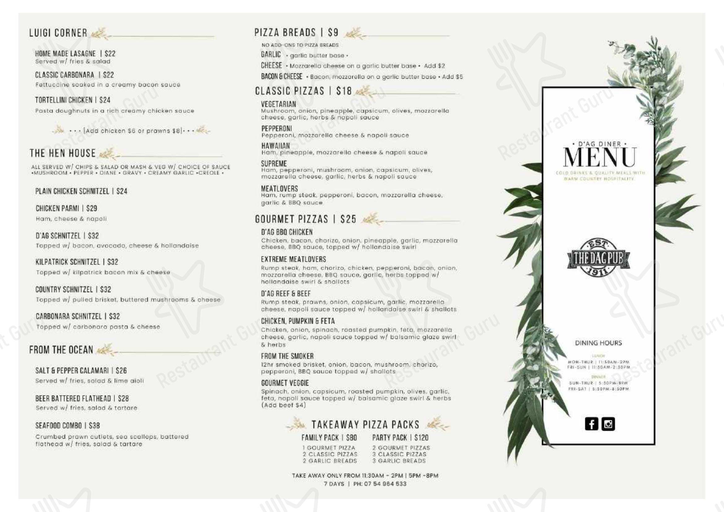 Menu at Dag Pub & Motel, D'Aguilar
