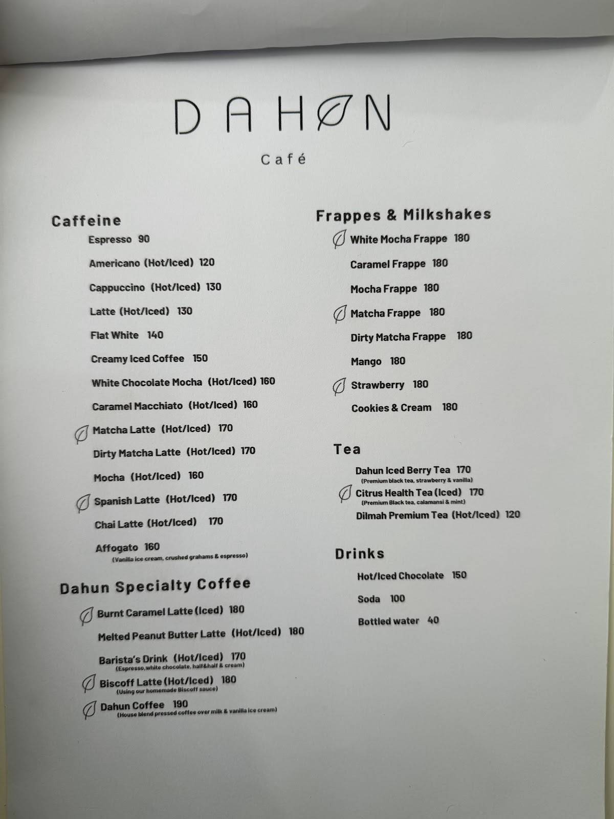 Menu at Dahun Cafe, Cebu City, 68 P. Almendras St