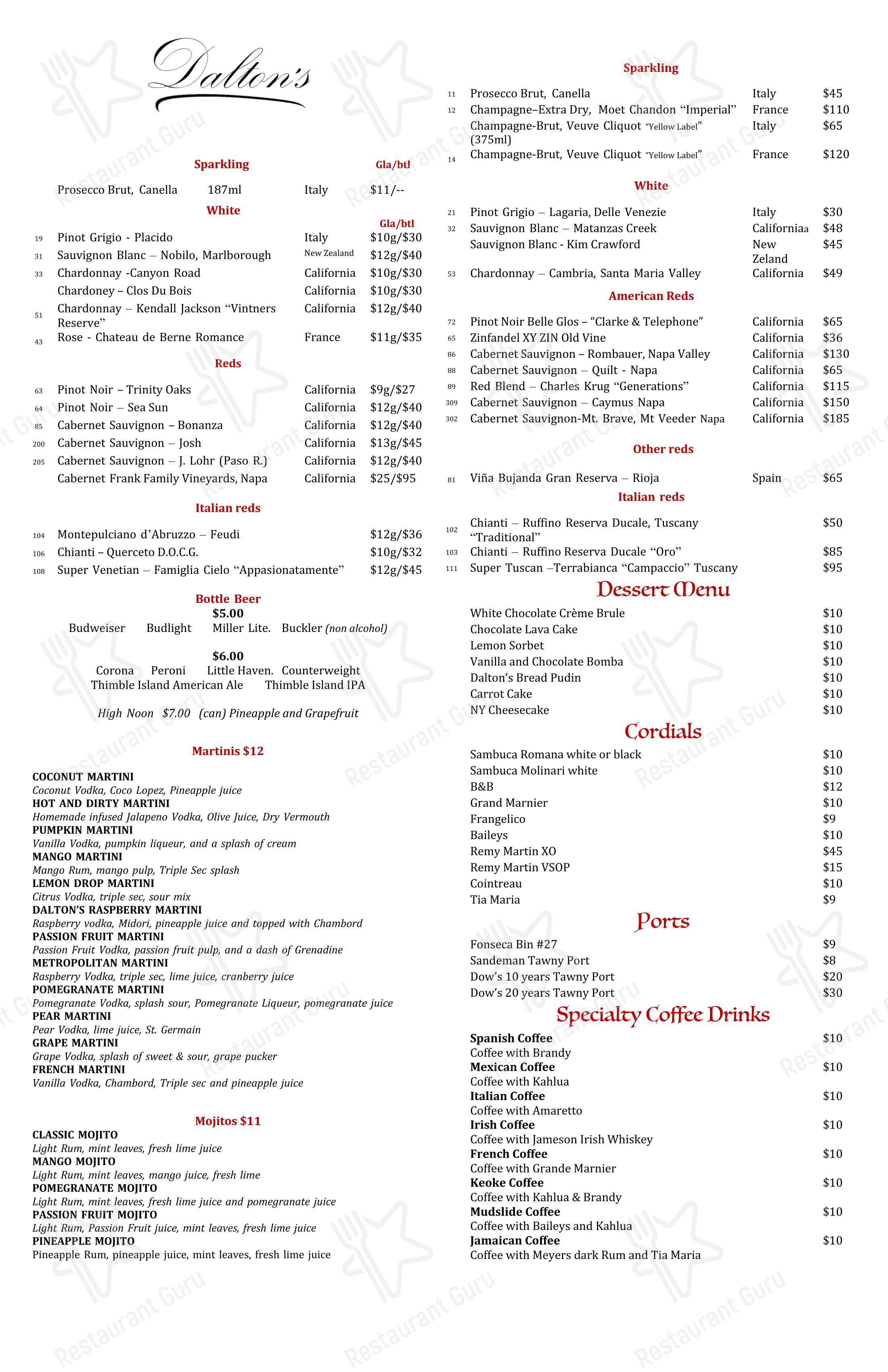 Menu at Dalton's restaurant, North Branford