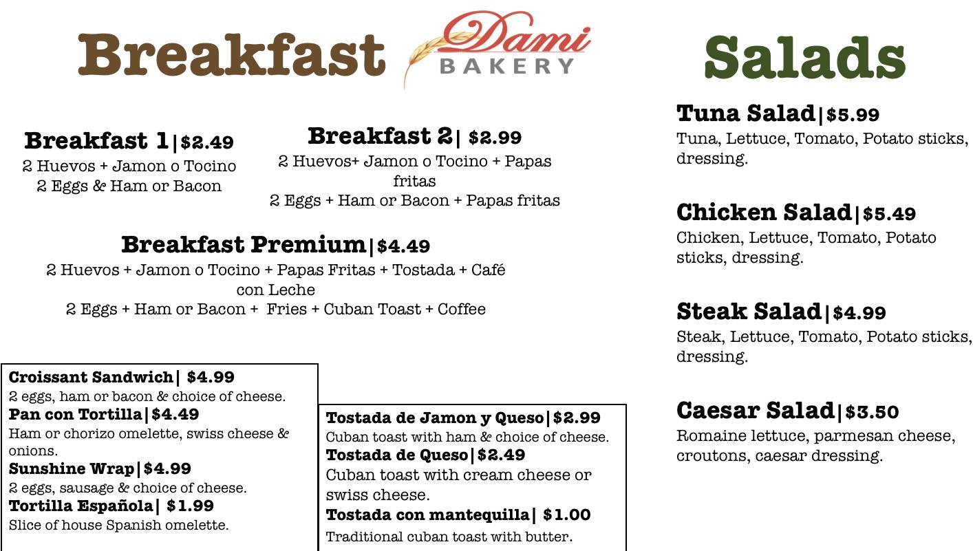 Menu at Dami Bakery, Kendale Lakes, SW 56th St