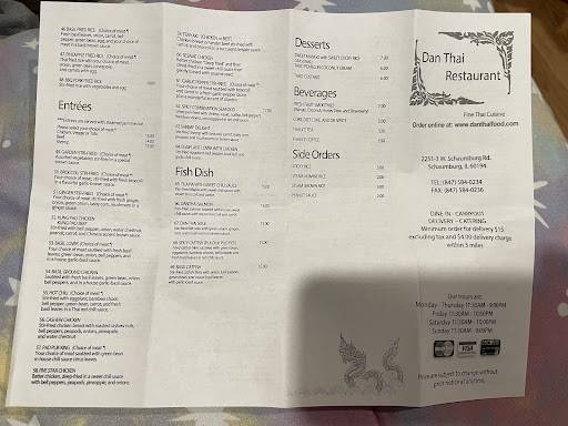 Menu at Dan Thai restaurant, Schaumburg