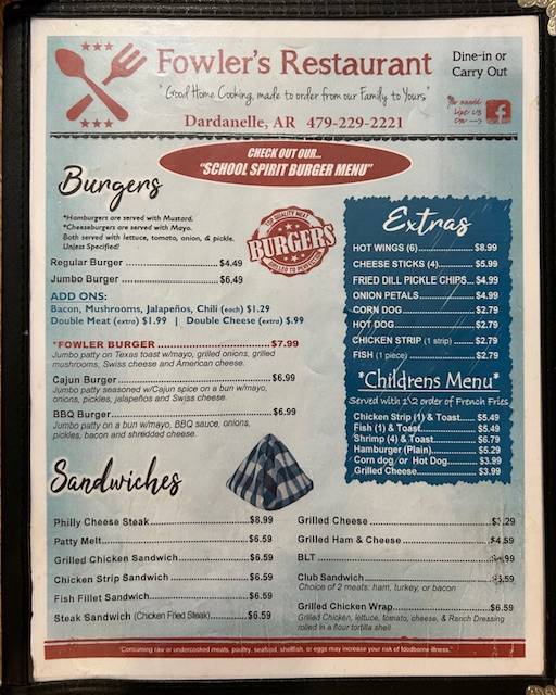 Menu at Fowlers Restaurant, Dardanelle