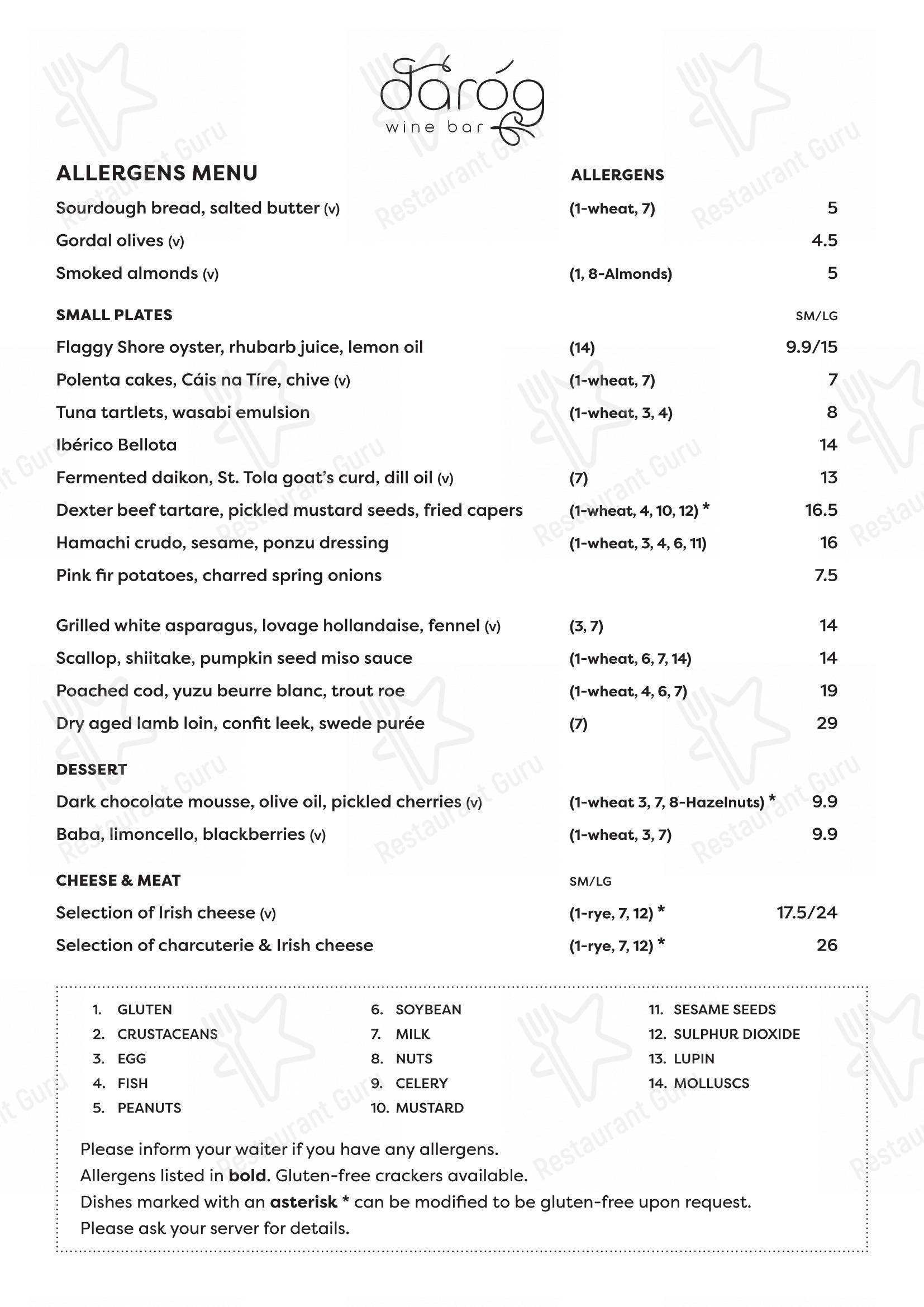Menu at Daróg Wine Bar, Galway