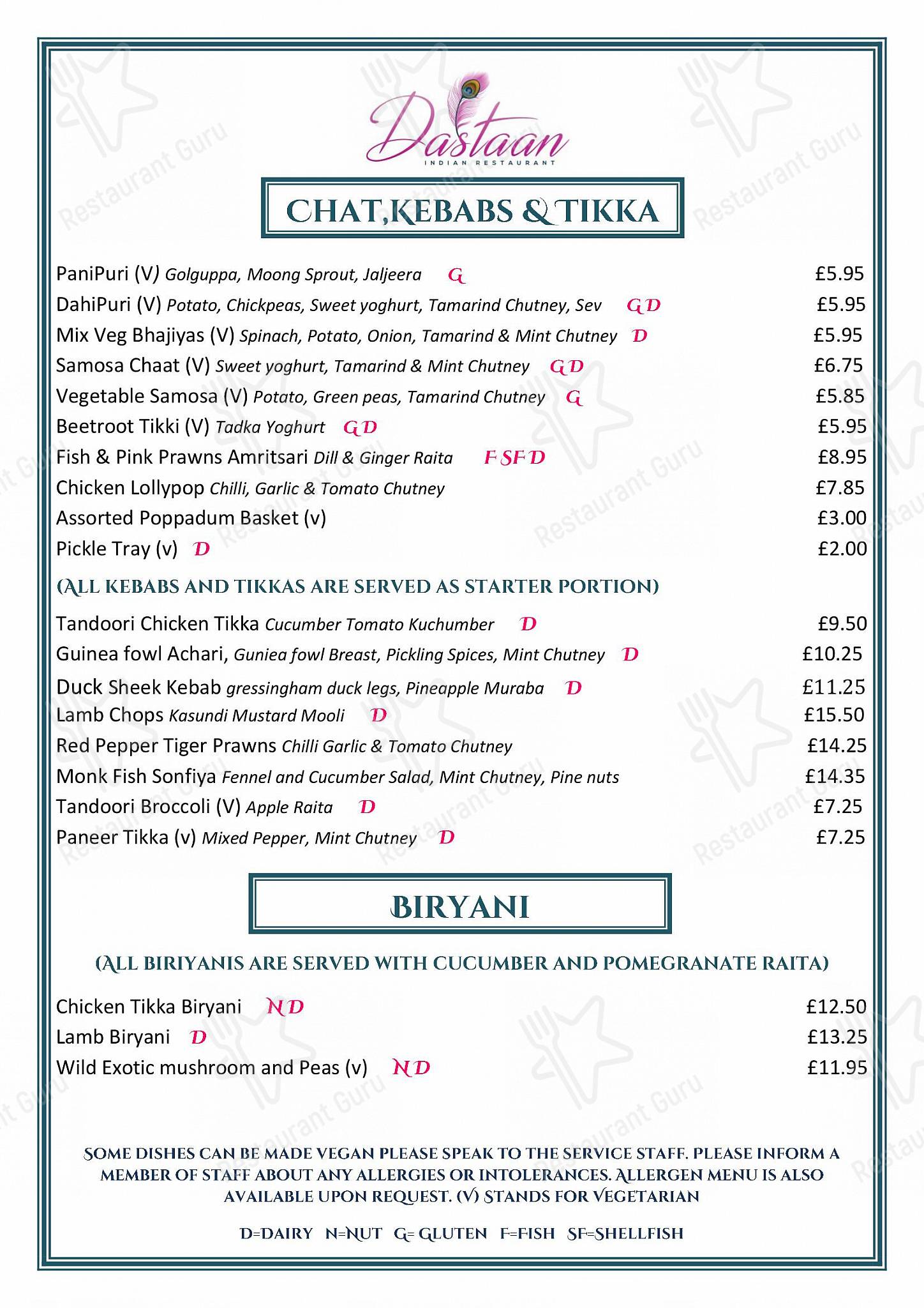 Menu at Dastaan restaurant, Epsom