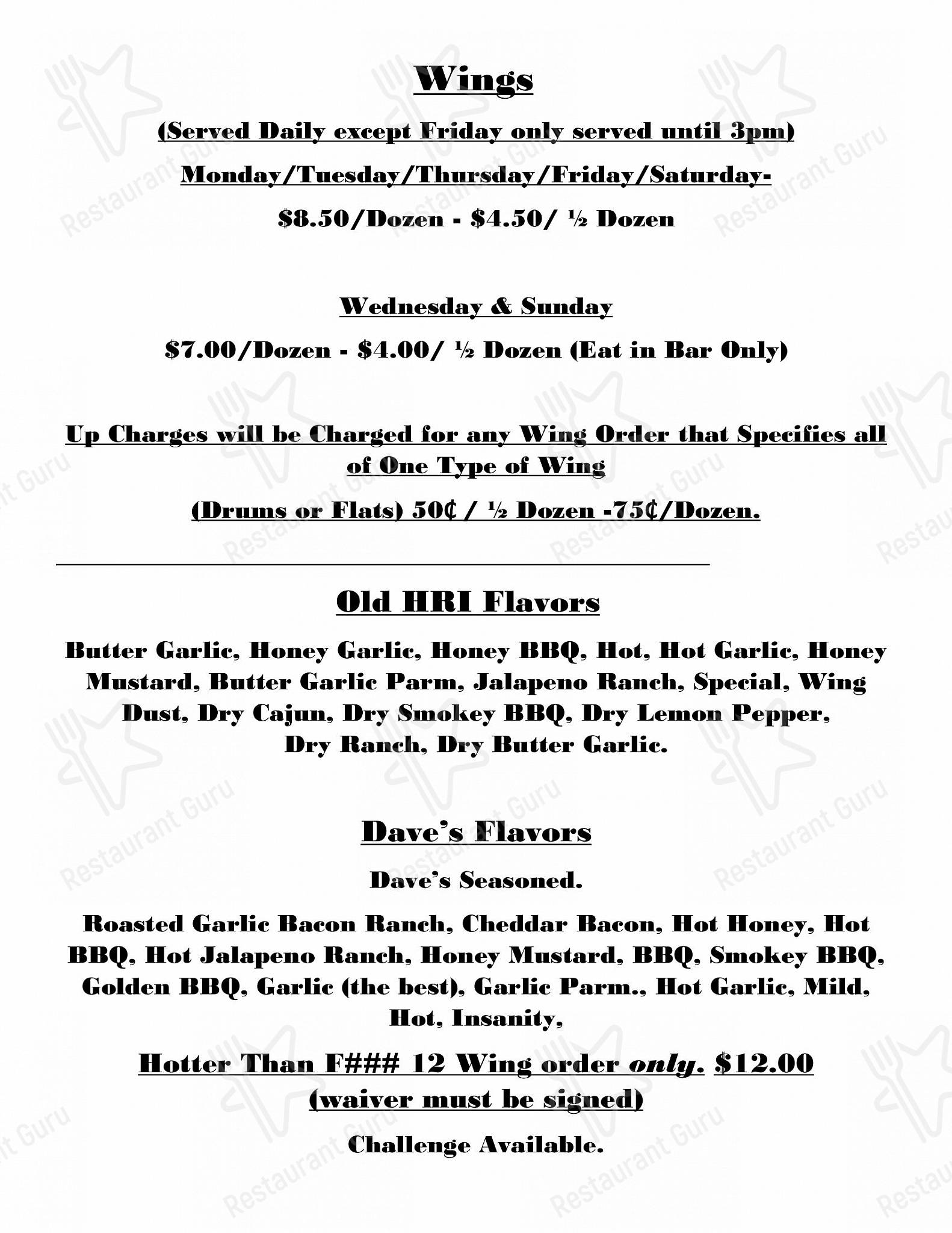 Menu at Dave’s Harvey Run Inn pub & bar, Freedom