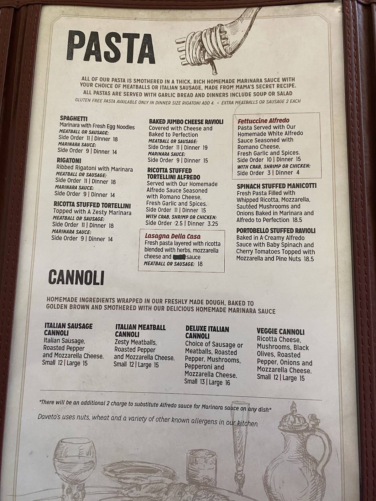 Menu at Daveto's Italian Restaurant, Delta