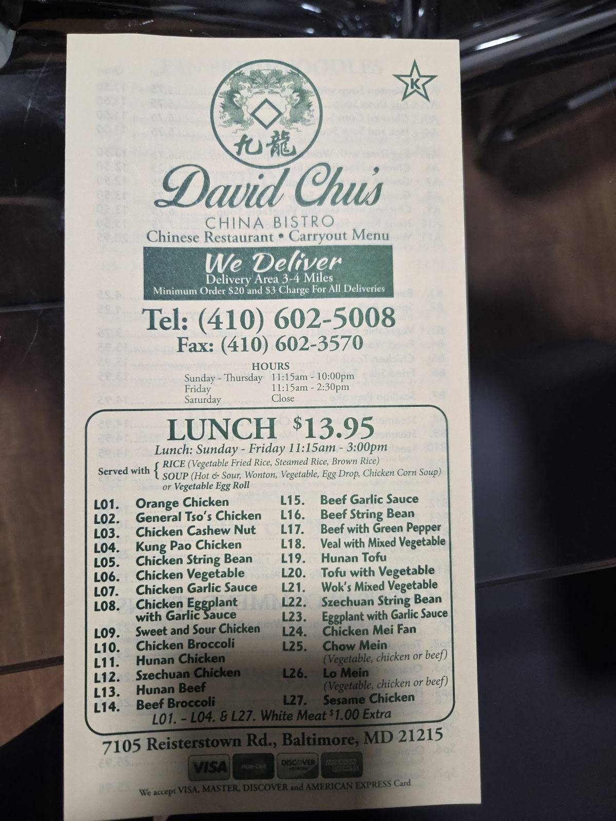 Menu at David Chu's China Bistro restaurant, Baltimore