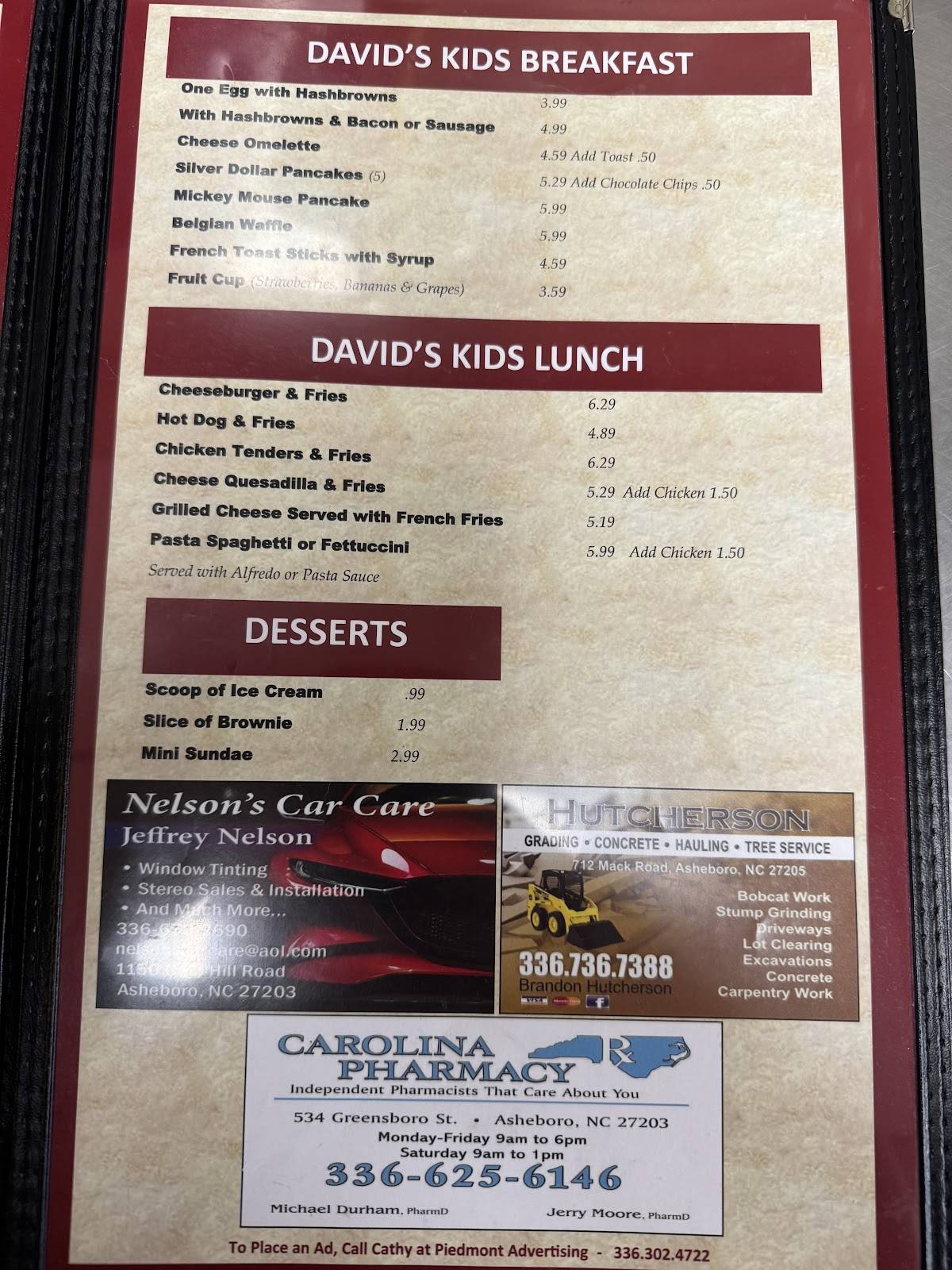 Menu at David's Restaurant, Asheboro