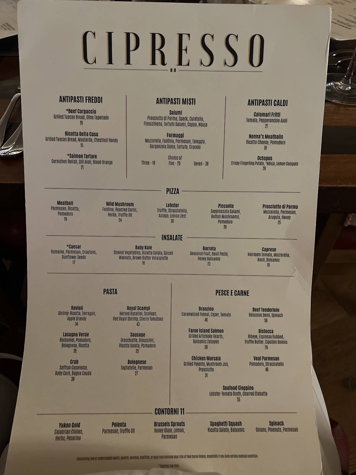 Menu at Cipresso restaurant, Davie