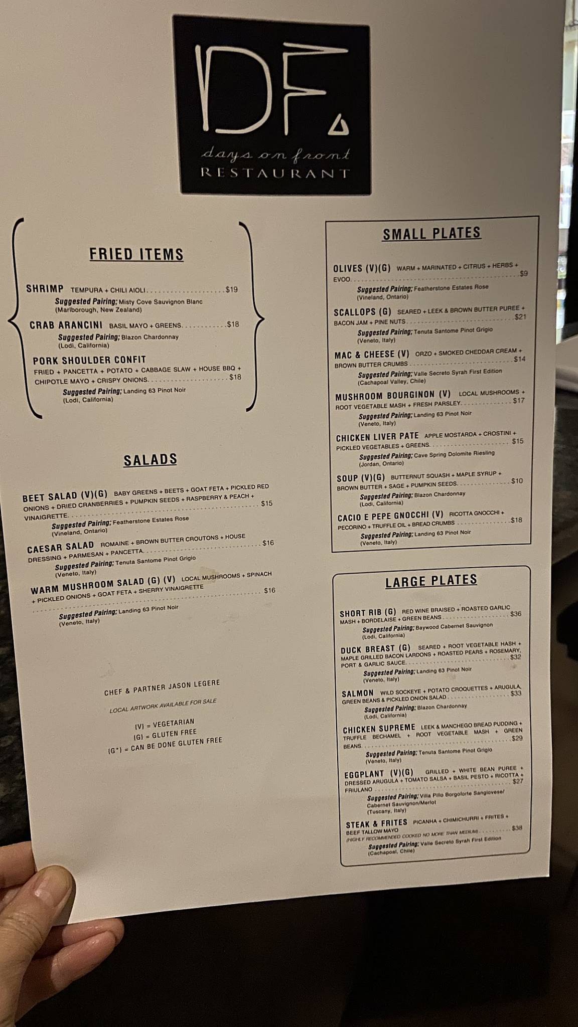 Menu at Days on Front restaurant, Kingston