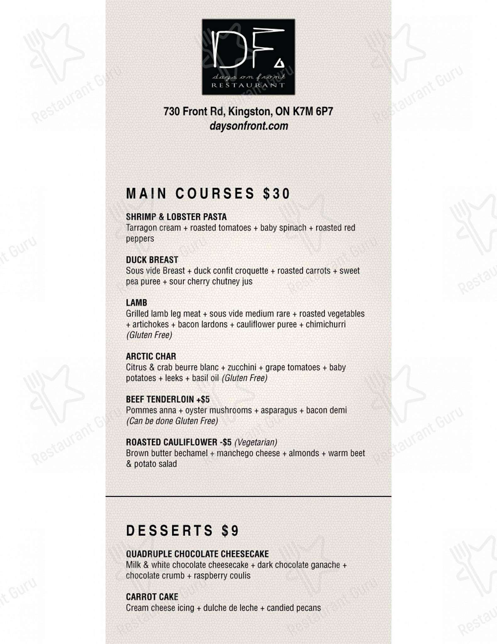 Menu at Days on Front restaurant, Kingston