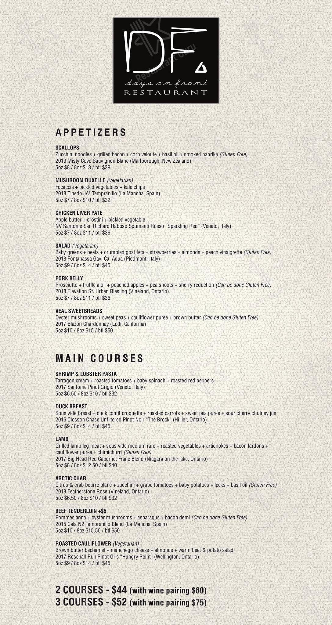 Menu at Days on Front restaurant, Kingston