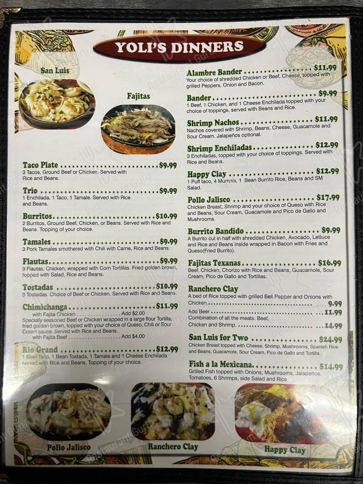Menu at Yoli’s Mexican grill restaurant, De Kalb