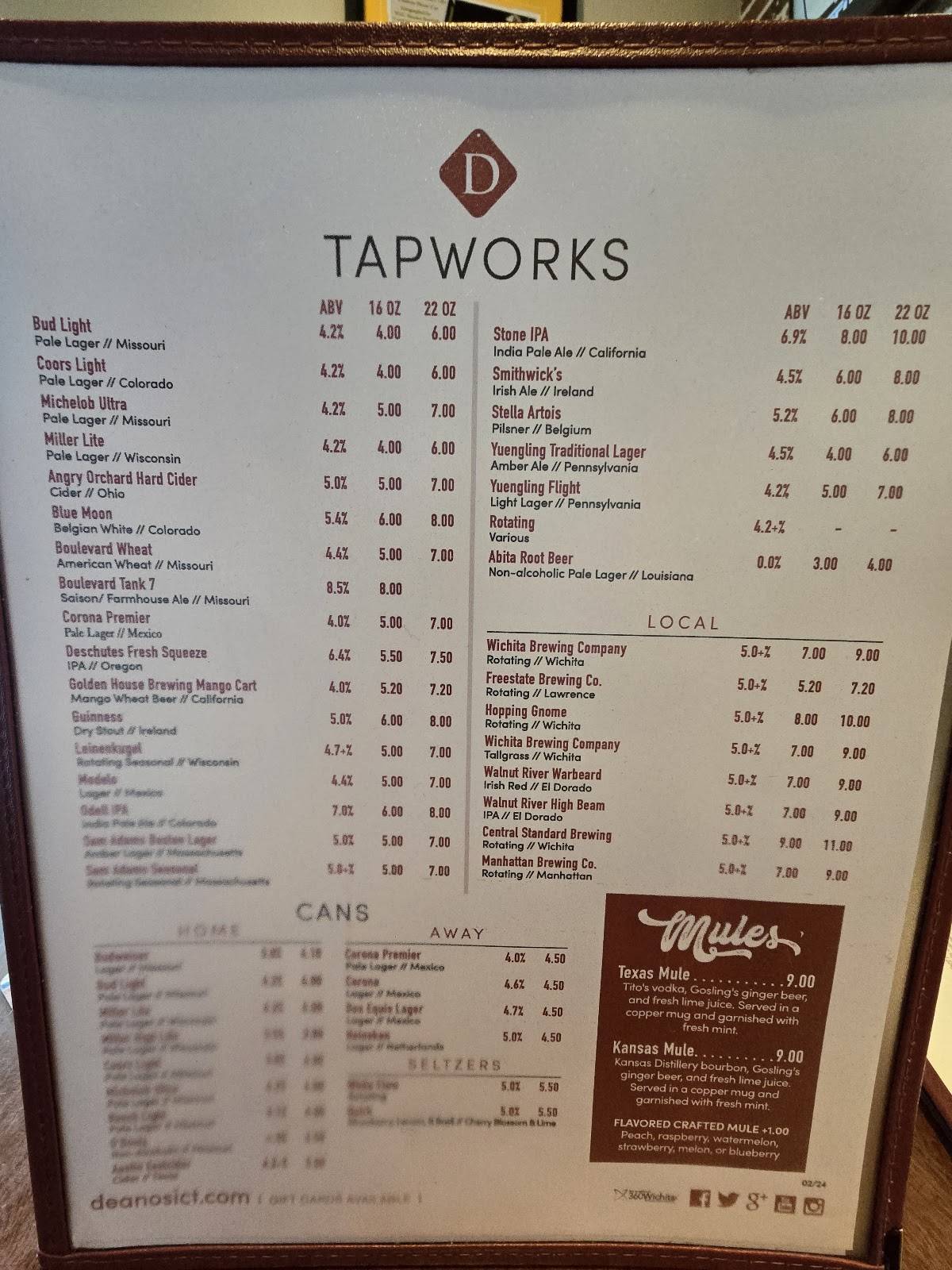 Menu at Deano's Grill and Tapworks EAST pub & bar, Wichita