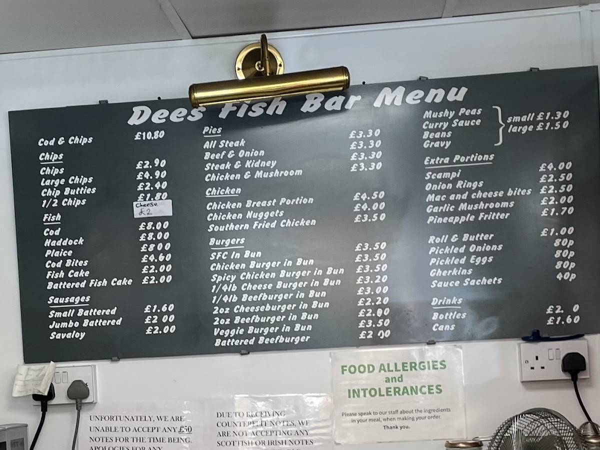 Menu at Dee's restaurant, Bourne