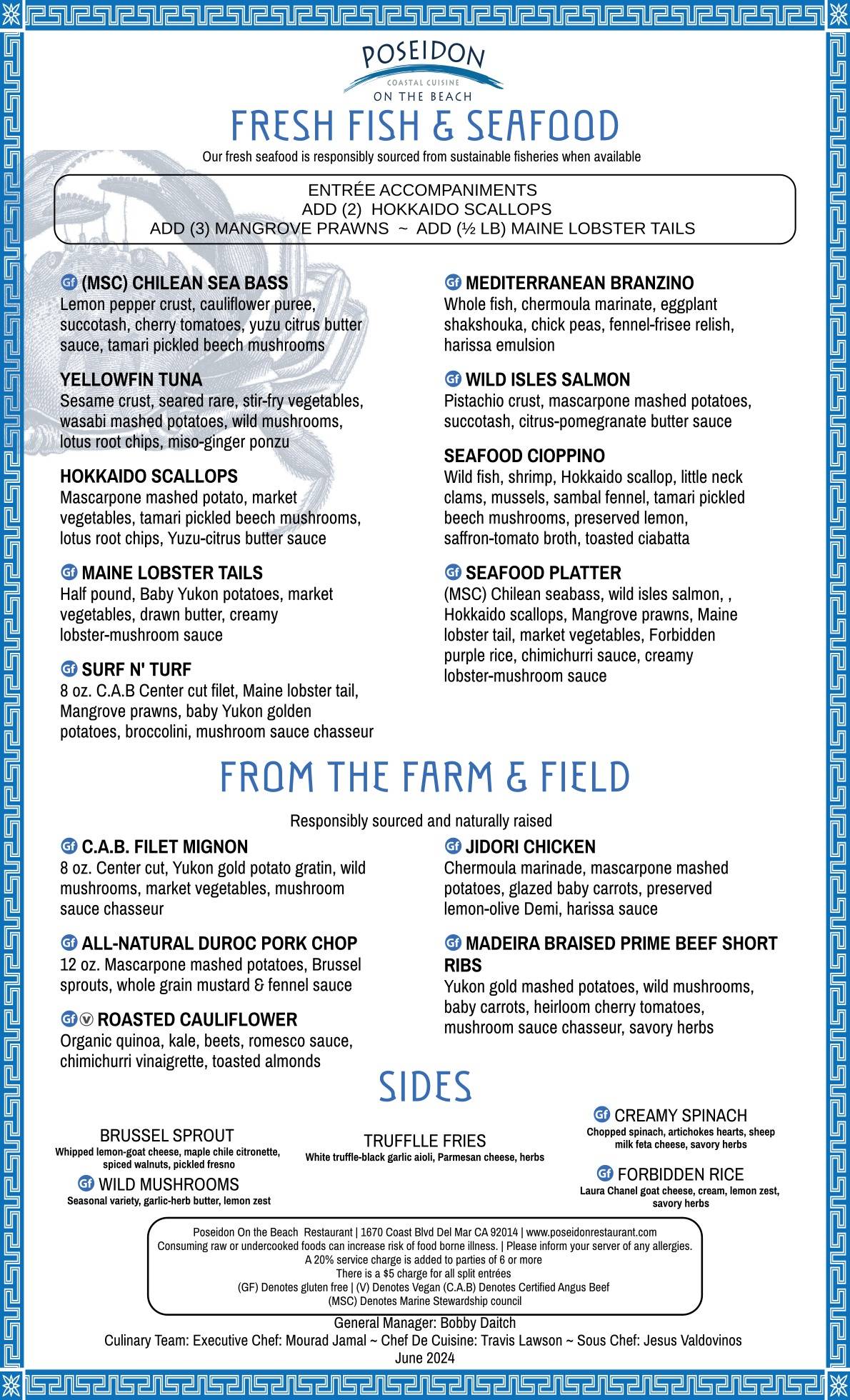 Menu at Poseidon Restaurant Del Mar, Del Mar