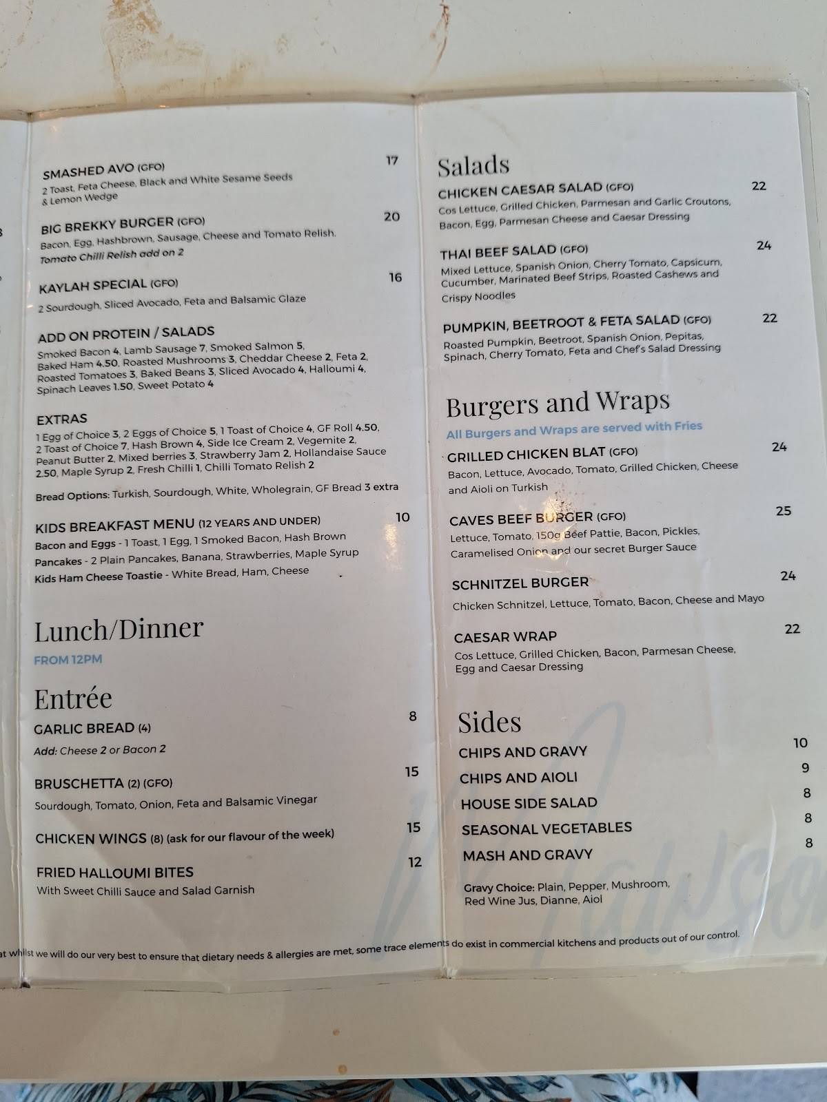 Menu at Deluca Restaurant, Caves Beach