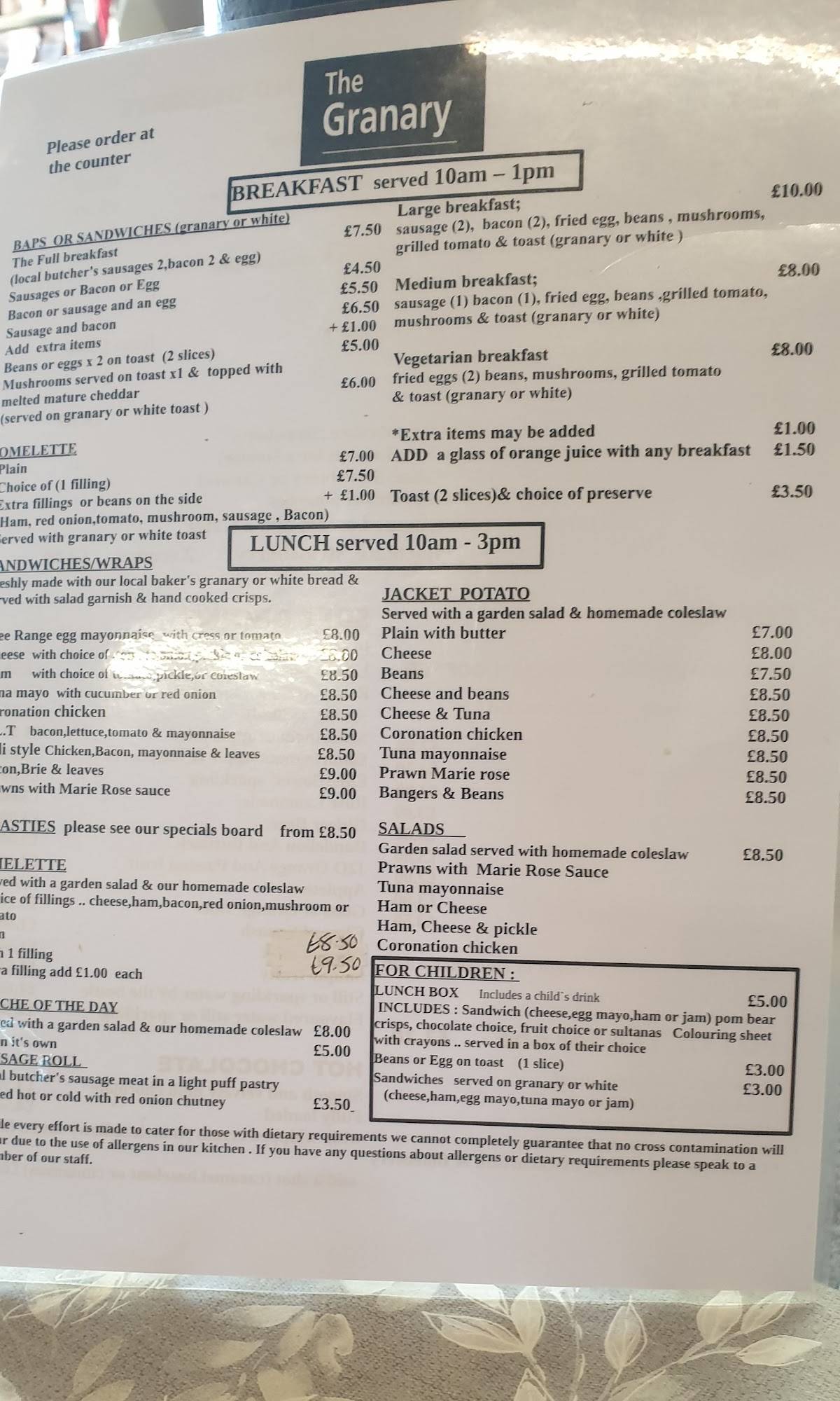 Menu at The Granary Antiques cafe, Dersingham, The Old Granary