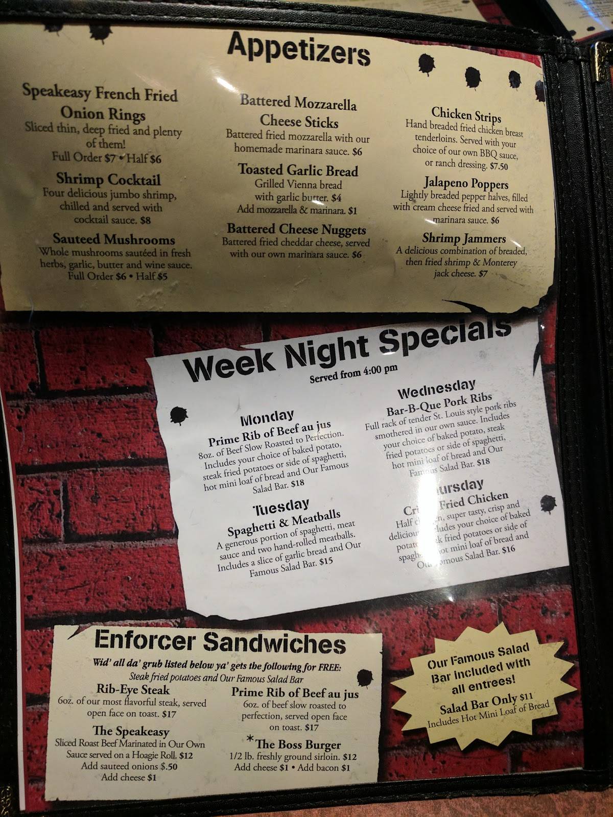 Menu at Chicago Speakeasy steakhouse, Des Moines